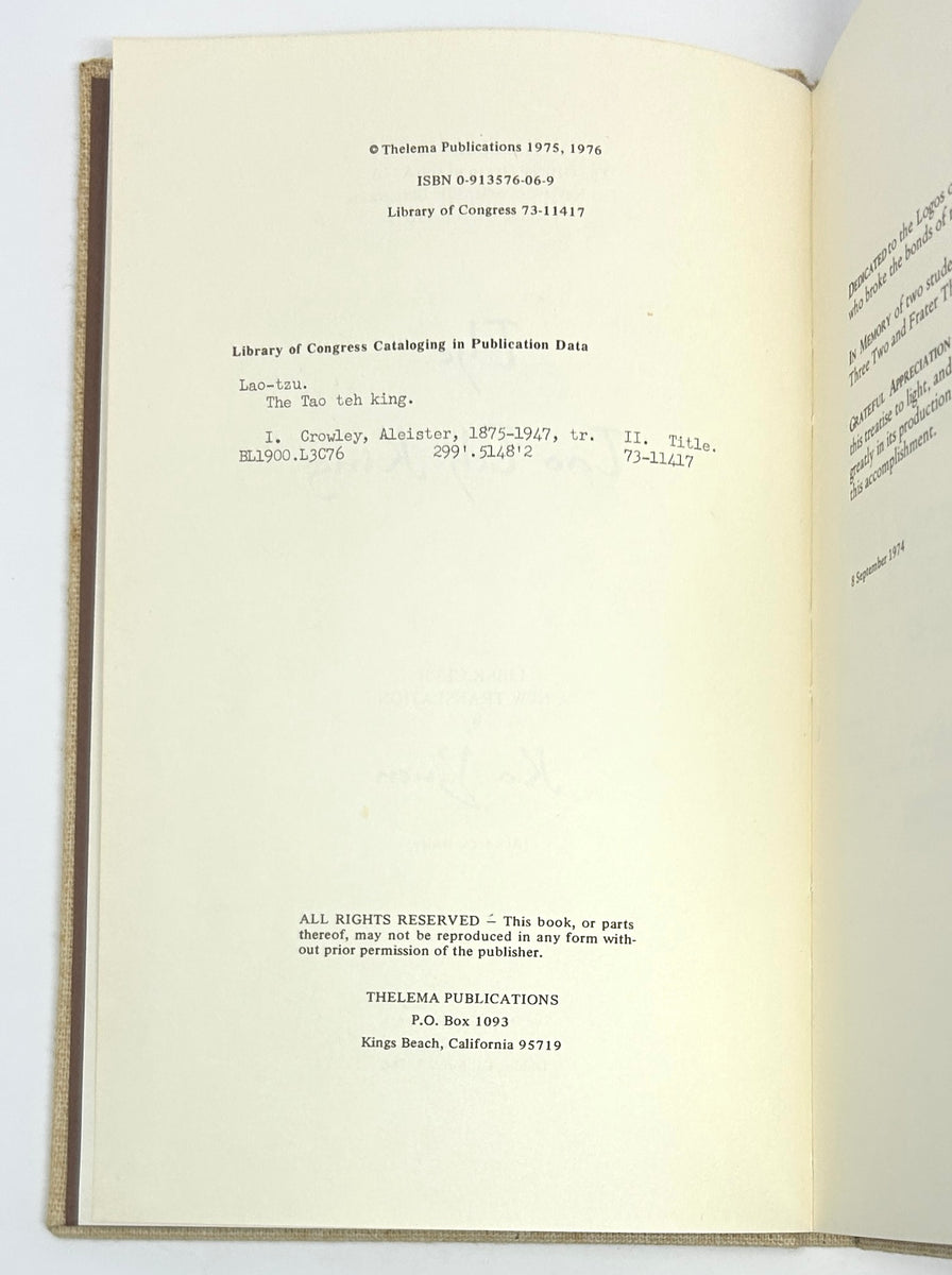 The Tao Teh King: Liber CLVII, Aleister Crowley. First Edition. – The ...